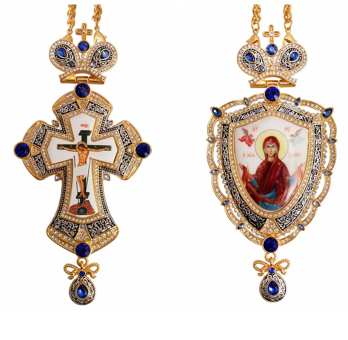 Blue Orthodox Jeweled Pectoral Cross & Panagia Set — Orthodox Depot