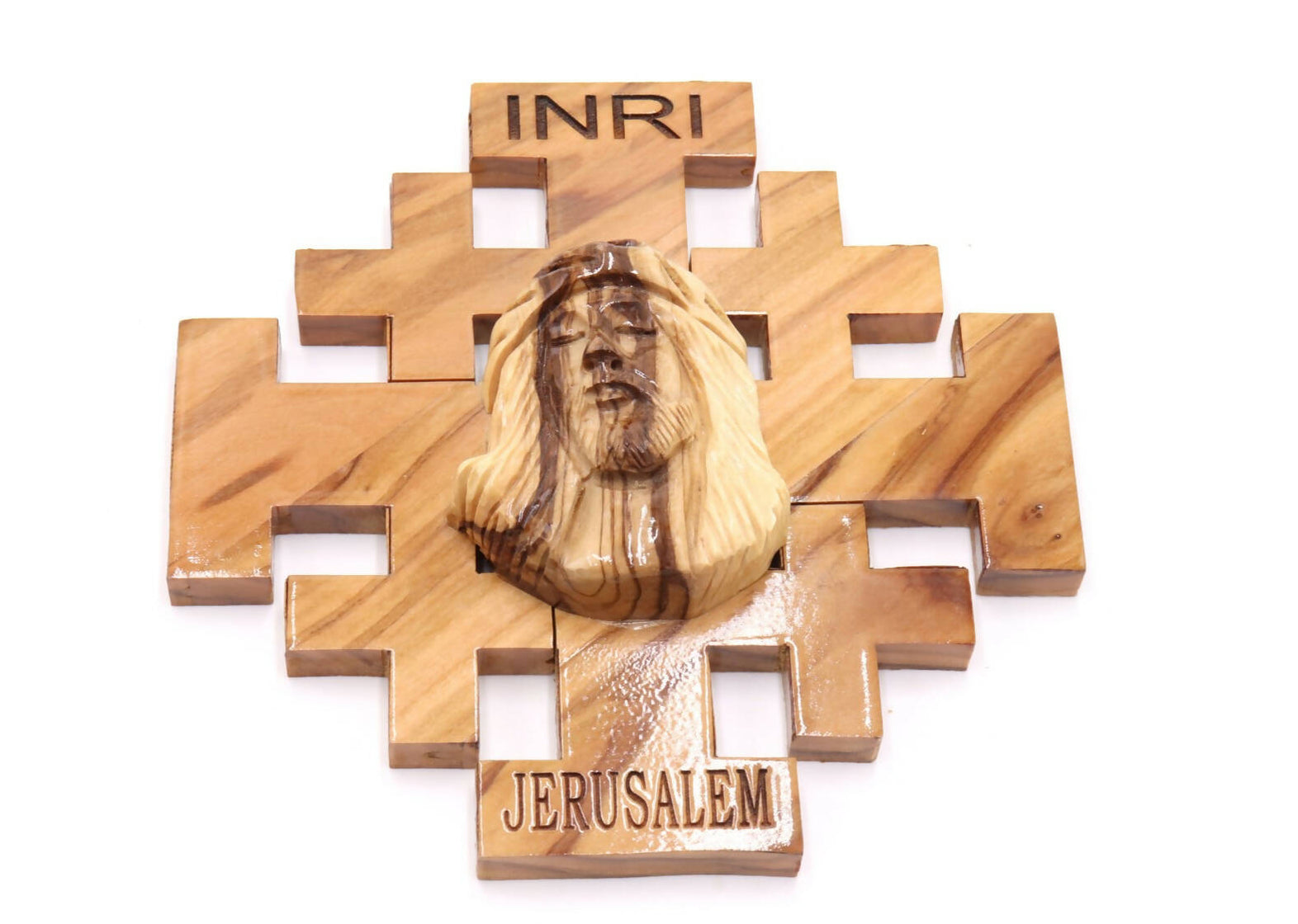 Cross JESUS FACE Carved Olive Wood Jerusalem Wall Holy Land five-fold ...