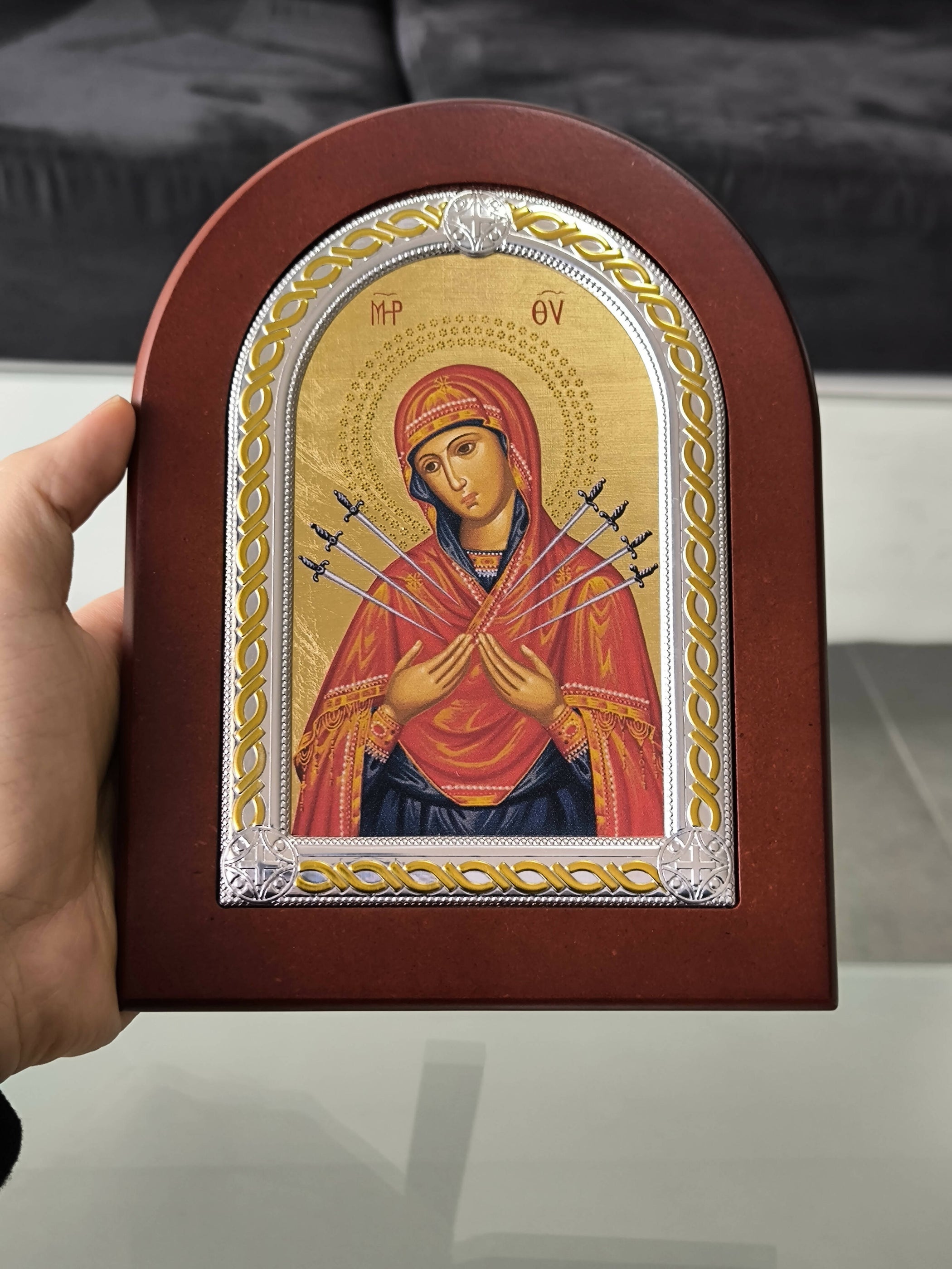 Icon Holy Virgin Mary of Seven Swords Nikolaos Silver 950 CERTIFICATED ...